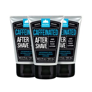 pacific shaving company caffeinated aftershave, men's grooming product - antioxidant daily face lotion + after shave - soothing aloe & spearmint post shave balm for sensitive skin (3.4 fl oz, 3 pack)