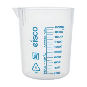 premium 2000ml beaker - polypropylene plastic, blue screen printed, 100ml graduations, eisco labs