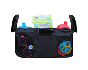 mighty clean baby stroller organizer - fits most strollers and includes two deep insulated cup holders to keep bottles warm and drinks cold