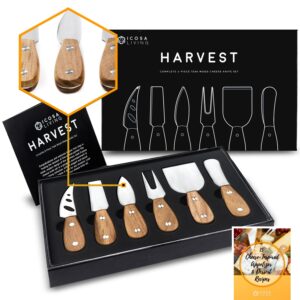 harvest 6-piece cheese knife set (gift-ready) - premium stainless steel cheese knives with rivets, full tang blades and teak wood handle charcuterie board accessories w/ 15 festive recipes