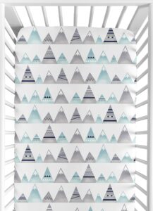 navy blue, aqua and grey aztec baby or toddler fitted crib sheet for mountains collection by sweet jojo designs