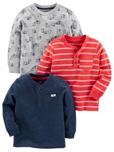 simple joys by carter's boys' toddler 3-pack long sleeve shirts, grey dogs/navy heather/red double stripe, 2t