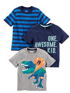 simple joys by carter's baby boys' 3-pack short-sleeve tee shirts, blue stripe/grey dinosaur/navy text print, 3t