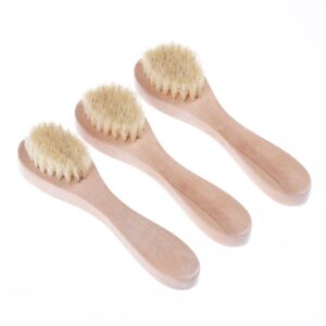 face cleansing brush for facial exfoliation, natural bristles brush for dry brushing - set of 3 pack wooden handle skin cleaning scrubbers for men and women