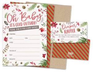 koko paper co baby it’s cold outside winter baby shower invitations and diaper raffle tickets with winter florals. set of 25 fill in style cards, kraft envelopes, raffle tickets