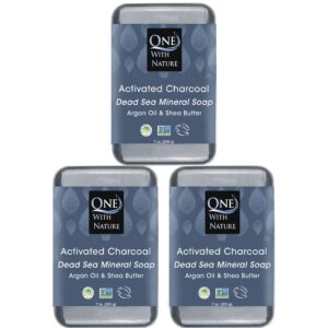 one with nature dead sea salt activated charcoal soap 7oz 3pack, black bar soap detoxifying body wash soap bar & face soap vegan men soap with shea butter 100% natural soap for men & women soap bar