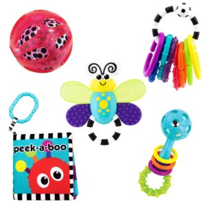 sassy baby’s first developmental gift set - includes peek-a-boo soft book, teether, 9 piece ring o’ links, squish & rattle ball and peek-a-boo beads rattle - ages 0+ (80764)