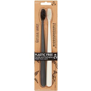 the natural family co. bio toothbrush, soft nylon bristles with non gmo cornstarch handles, plastic free packaging and ivory desert and pirate black twin pack