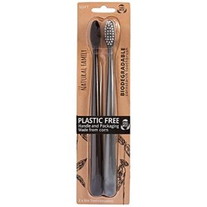 the natural family co. bio toothbrush, soft nylon bristles with non gmo cornstarch handles, plastic free packaging and pirate black and monsoon mist twin pack