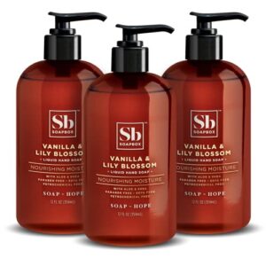 soapbox liquid hand soap, vanilla & lily blossom - gentle, moisturizing hand cleanser, vegan, cruelty free hand soap for bathroom and kitchen, 12oz pump bottles (pack of 3)