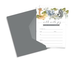 paper clever party jungle baby shower invitations and envelopes pack of 15 – fill in blank invites for boys baby shower, reveal, birthday – royal safari animal event – printed 4x6 size cards