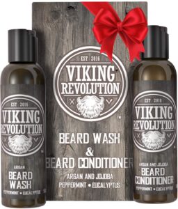 viking revolution beard care set with argan & jojoba oils - softens, smooths & nourishes facial hair growth - peppermint and eucalyptus scented wash & conditioner (5 oz)