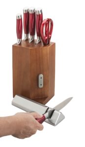 new england cutlery 7- piece knife block set with sharpener - red