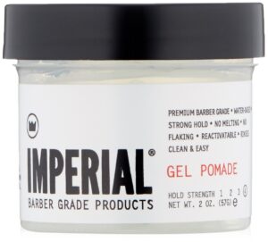 imperial barber grade gel pomade - all day strong hold, no flaking, water based, reactivatable - natural men's hair styling product 2 oz travel size