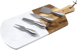 zelancio marble and acacia wooden serving cheese board, 6 piece set includes stainless steel cheese tools, serving paddle, wood cheese knife holder with integrated magnets