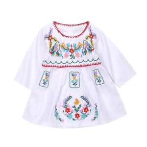 kashoer newborn toddler baby girls ethnic embroidery floral dress long sleeve party sundress skirt (6-12months, white)