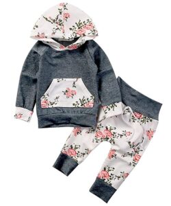 baby girls long sleeve flowers hoodie top and pants outfit with kangaroo pocket (12-18 months, a)