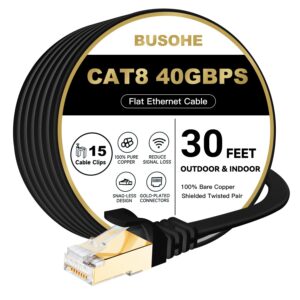 busohe cat 8 ethernet cable 30 ft, 40gbps 2000mhz cat8 high speed flat internet network patch cord, sftp shielded lan wire with gold plated rj45 connector, with clips, outdoor indoor- 30ft black