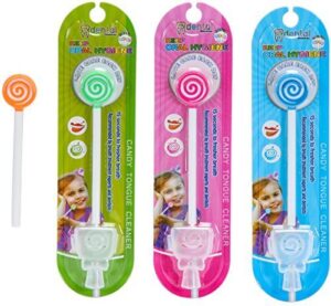 kids tongue scraper or cleaner set – pack of 4 bpa-free plastic dental scrapers helps freshen bad breath, remove gunk – multicolored with easy-to-grasp handles and brush covers by 55dental, ages 2+