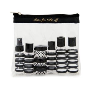 miamica “clear for take off” tsa compliant travel bottles and travel toiletry bag – includes 12 pieces – 7.55" l x 7.4" w x 1.8" d, clear/black – cute travel gifts