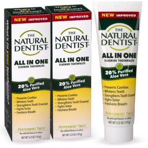 the natural dentist all in one fluoride toothpaste, 20% purified aloe vera, prevents cavities, whitens teeth, strengthens tooth enamel, removes plaque, freshens breath, peppermint twist, 5oz tube 2 ct