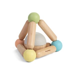 plantoys wooden clutching triangle baby toy with gentle sound in two-toned ball (5256) | pastel color collection |sustainably made from rubberwood and non-toxic paints and dyes