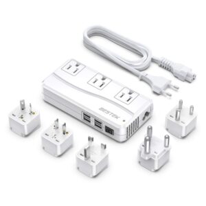 bestek international power adapter 250w, 220v to 110v step down travel voltage converter with 4-port usb including us/au/eu/uk//india/south africa plug adapter (white)