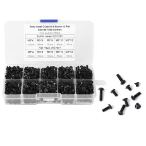 720pcs m3 hex bolt screw assorted m3x4mm 6mm 8mm 10mm 12mm black alloy steel pan & flat head hex socket screws with plastic box