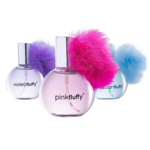 scented things showgirl perfume set for teen girls, kids body spray for girls 10-12 & teens, body mist for teenage girl, fashion collection 3 perfumes with puff balls