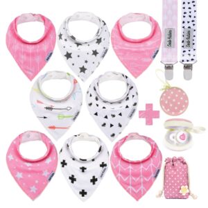 dodo babies bandana drool bib set - eight 100% cotton bibs with soft polyester lining, 2 pacifier clips, binky case, pink gift bag for baby girl or boy shower - adjustable snap fit for 3-24 months