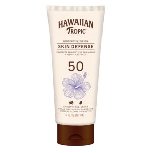 hawaiian tropic skin defense sunscreen lotion spf 50, 6oz | spf 50 sunscreen lotion with green tea extract, sunscreen body lotion, oxybenzone free sunscreen, 6oz