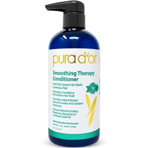 pura d'or smoothing therapy conditioner (16oz) anti-frizz straightens & smoothes dull, dry, brittle hair, infused with natural ingredients, for men & women