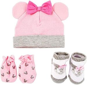 disney baby girls' minnie mouse take me home layette gift set - 3 piece hat, booties, and mittens (newborn), size 0-3 months, minnie pink giftset