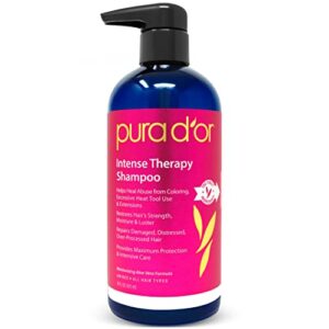 pura d'or intense therapy shampoo (16oz) repairs damaged, distressed, over-processed hair, infused with select natural ingredients, sulfate free, all hair types, men and women