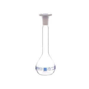 eisco volumetric flask, 25ml - class a - 10/19 polyethylene stopper, borosilicate glass - blue graduation, tolerance ±0.040