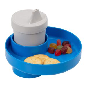 my travel tray round, usa made. easily convert your existing cup holder to a tray and cup holder for use in a car seat, booster, stroller, golf cart and anywhere you have a cup holder! blue