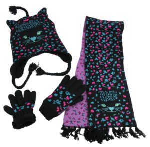 n'ice caps kids hat glove scarf girls winter knit accessory set warm sherpa lined 3 piece (black kitten, 4-7 years)