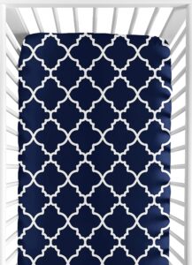 navy blue and white modern baby or toddler fitted crib sheet for trellis lattice collection by sweet jojo designs