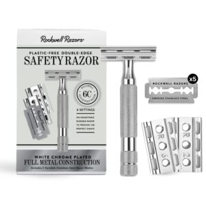 rockwell razors 6c white chrome safety razor with 6 adjustable shave settings and 5 fully recyclable razor blades reusable safety razors for men and women