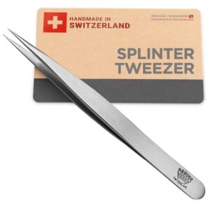 regine switzerland splinter tweezers – professional tweezer with precision point needle nose for splinter, ingrown hair & glass extraction – stainless steel sharp tool for men & women – silver