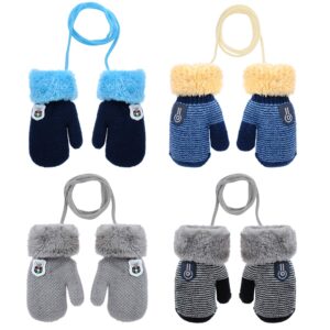 marjunsep 4-pack winter warm fuzzy fleece baby mitten gloves full fingers with string for infant toddler girls boys 6 months - 3 years b-pack