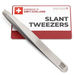 regine switzerland professional tweezers slant tip - etched tip brow and eyebrow tool for men and women - precision tweezers for fine hair, chin, lash extensions - stainless steel handmade beauty tool