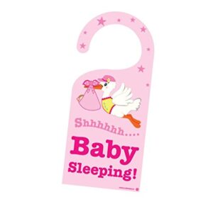 cute news baby girl sleeping stork door hanger - do not disturb or knock - newborn sign - great gift for parents - pink