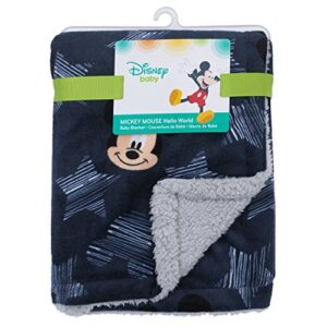 disney mickey mouse hello world star/icon super soft double sided velour/sherpa baby blanket, navy, grey, white