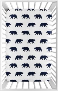 sweet jojo designs navy blue and white baby boy fitted mini portable crib sheet for big bear collection - for mini crib or pack and play only