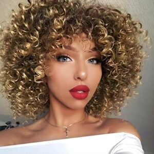 aisi queens afro wigs for black women short kinky curly brown mixed blonde synthetic wig with bangs heat resistant wigs with wig cap