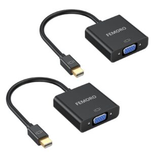 femoro mini displayport to vga adapter 2 pack, mini display port dp to vga cable converter male to female (thunderbolt and thunderbolt 2 port compatible) black