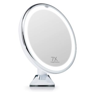 fancii 7x magnifying lighted vanity makeup mirror with 20 natural led ring lights, locking suction cup, cordless travel cosmetic mirror - maya 7