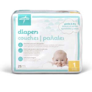 medline premium disposable baby diapers, absorbent & ultra-soft for delicate skin, size 1 (8-14 lbs), 200 count (8 packs of 25)