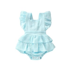 douhoow newborn baby girls romper ruffle jumpsuit bodysuit one-piece cotton linen outfits clothes (blue,3-6 months)